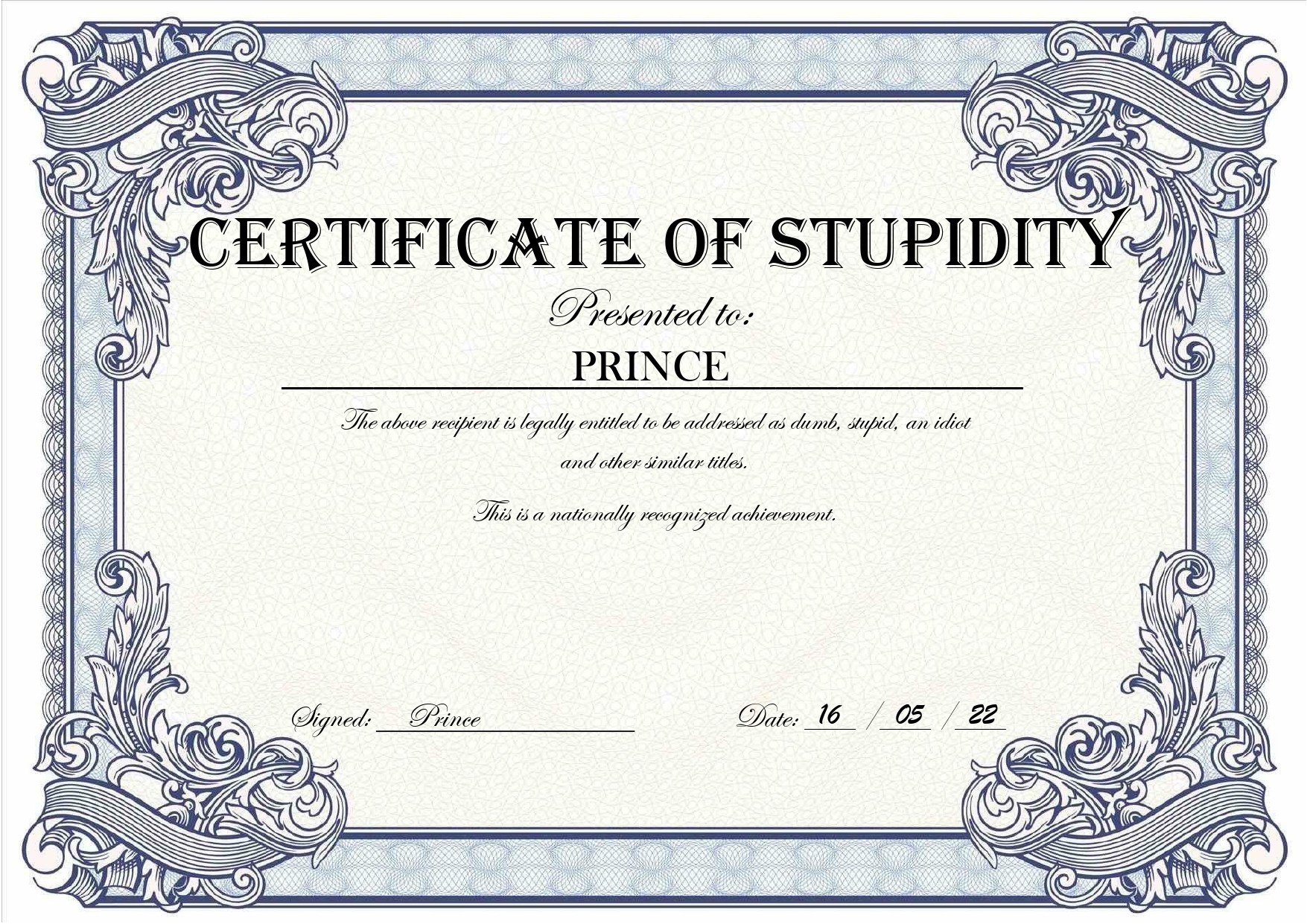 Certificate of Stupidity